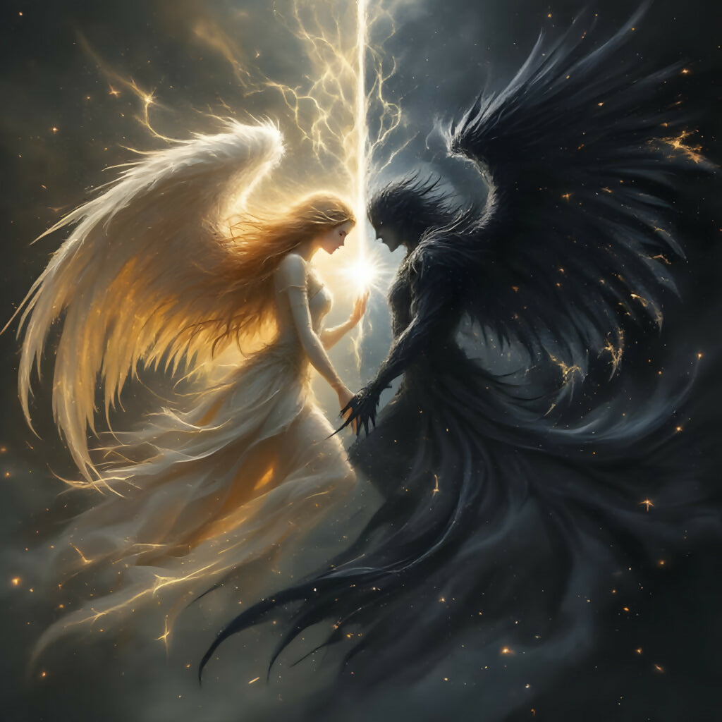 Divine Collision – Angel of Light and Shadow Touching in Cosmic Bal...