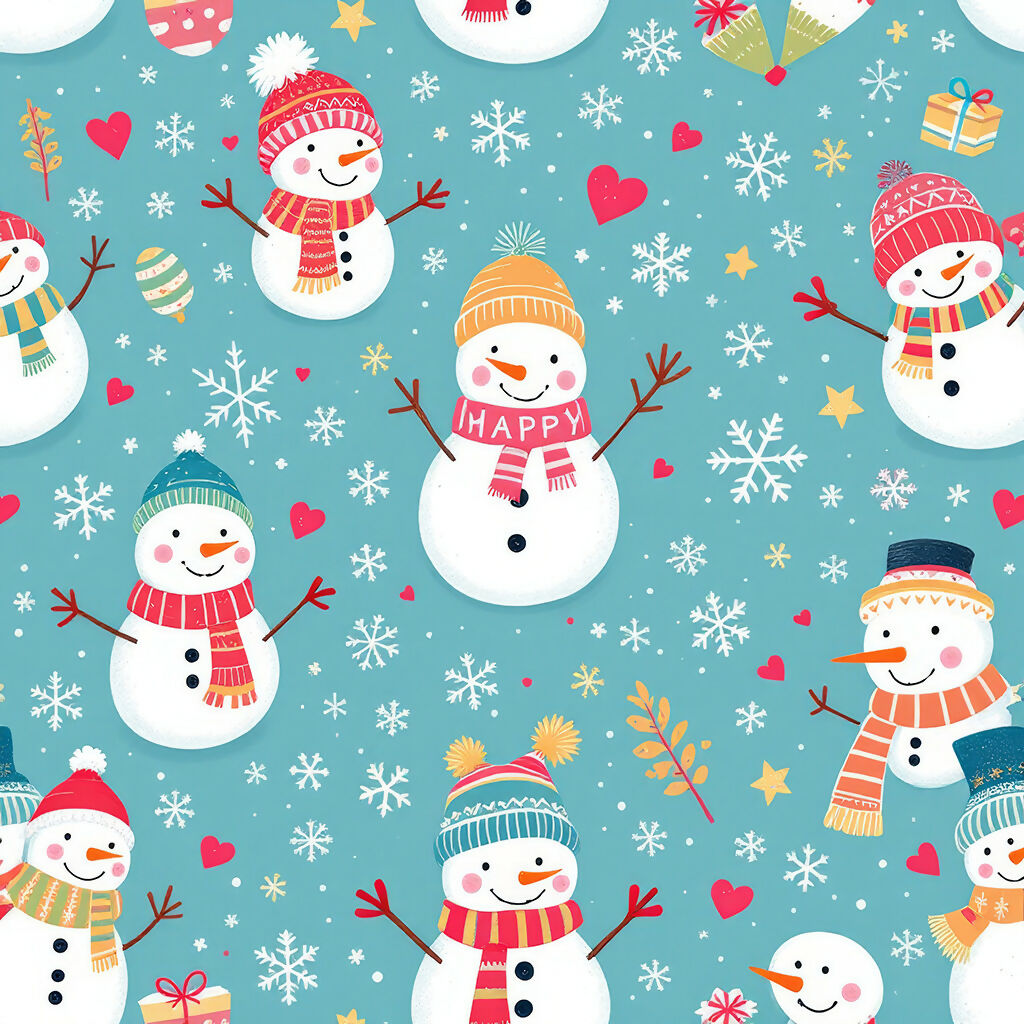 The image is a cheerful Christmas-themed pattern on a light blue ba...