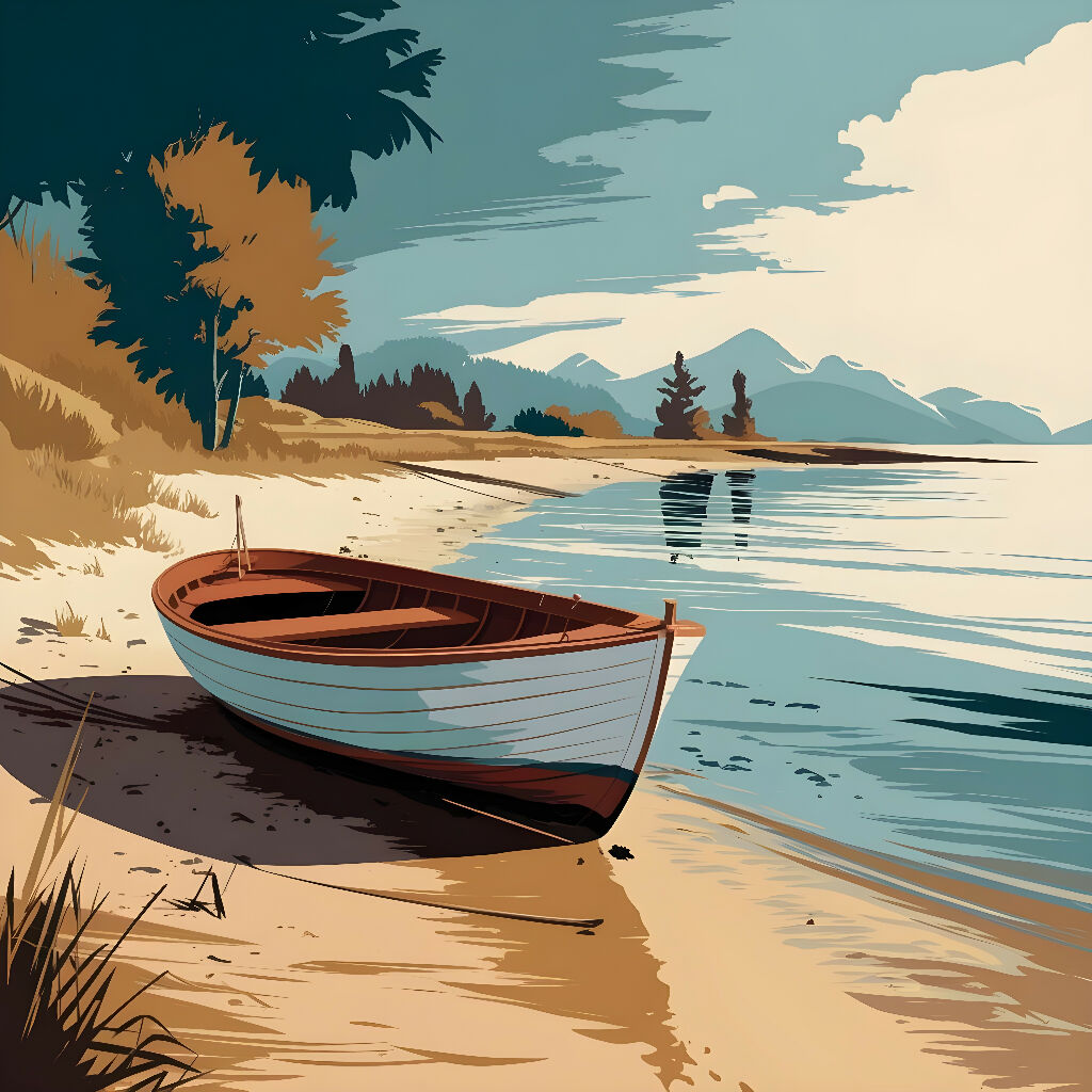 Boat and beach in oil painting