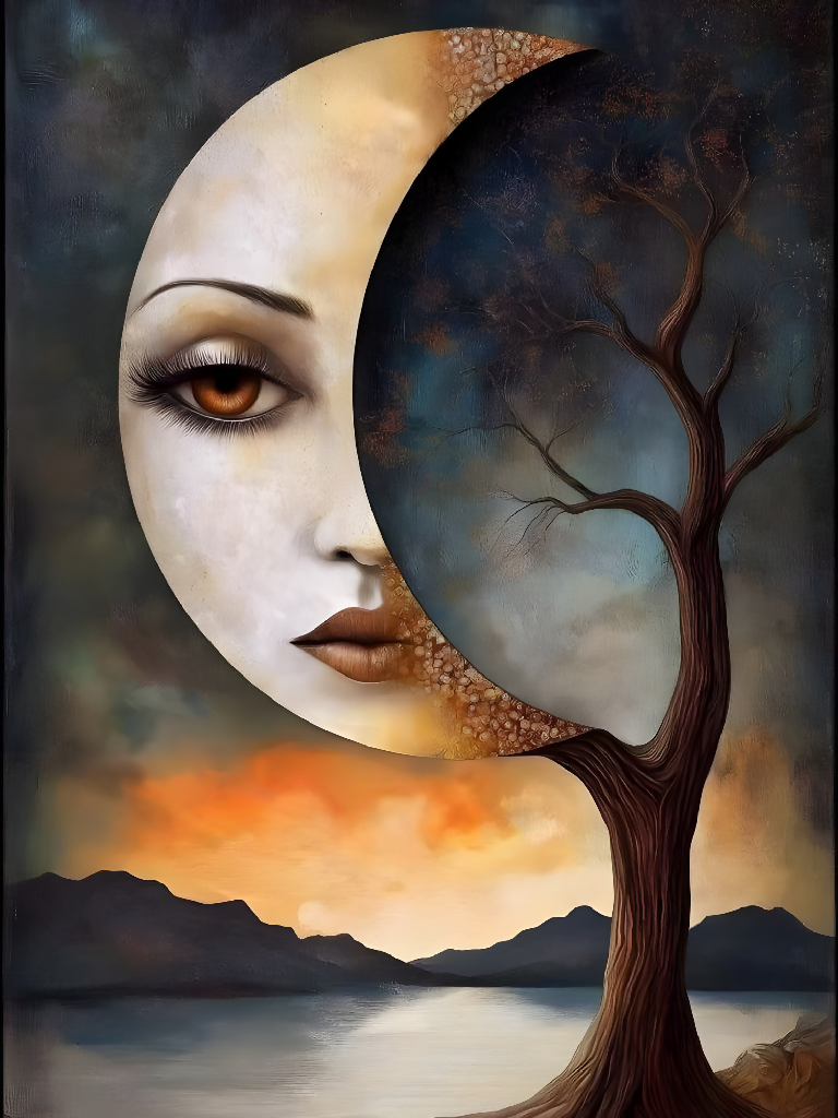 Face of the Surreal Moon with Tree and Landscape, Crescent moon, wo...