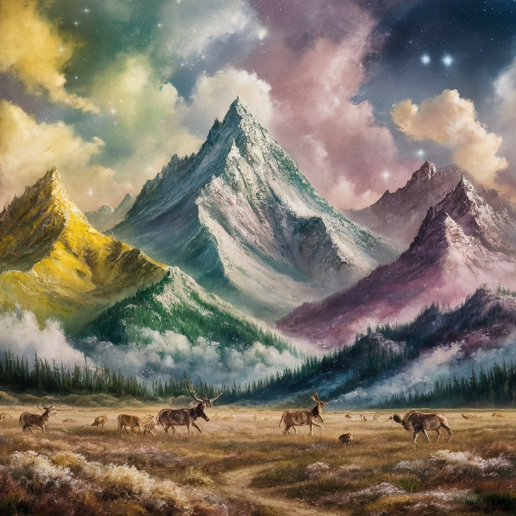 A captivating mountainscape painting evoking a sense of awe and wonder