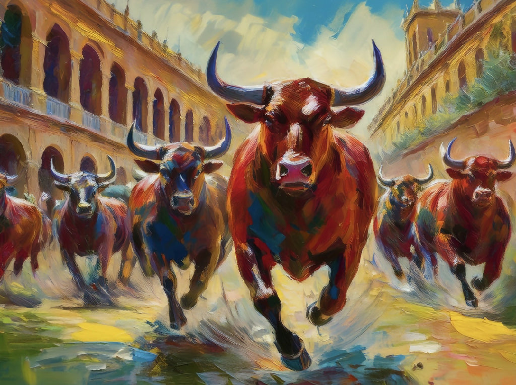 Running of the bulls, Spain, Spanish art, Spanish artwork, festival...