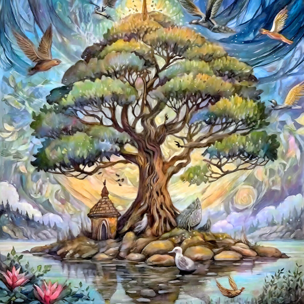 magic tree, nature, bird, lake, big tree, painting