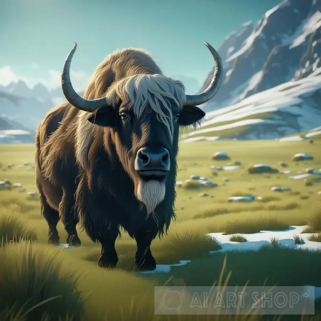 Yak-like animal in a spring steppe