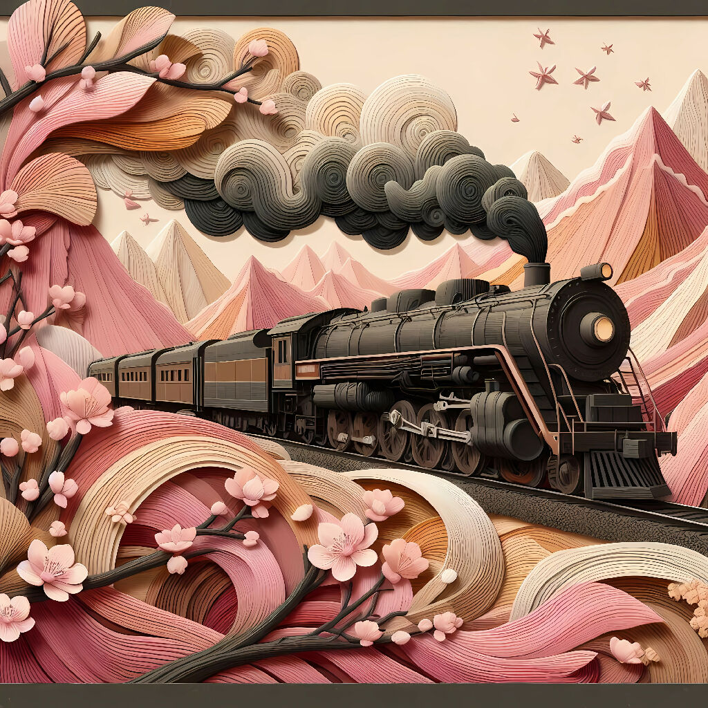 Steam train,Cherry blossoms,Stylized mountains,Textured feather,Rom...