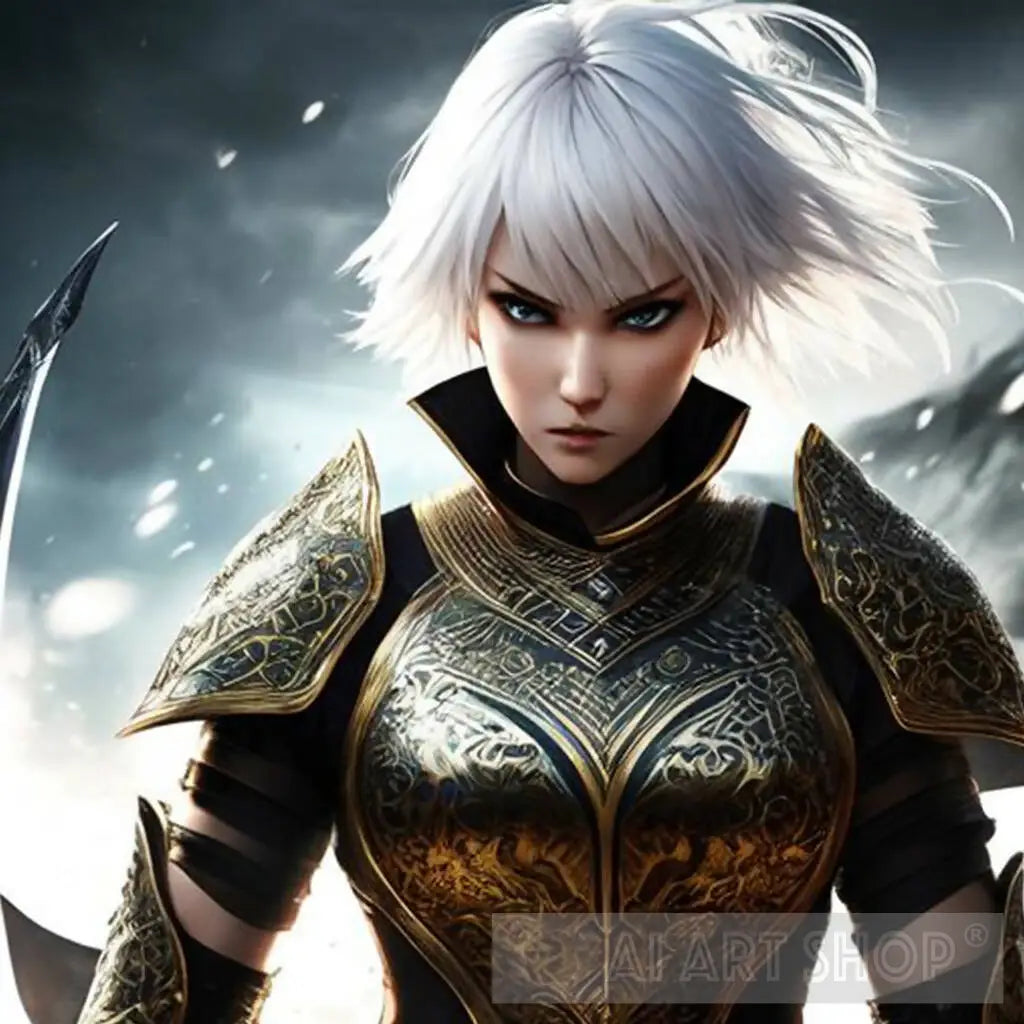 white hair silver armor female paladin knight snowing