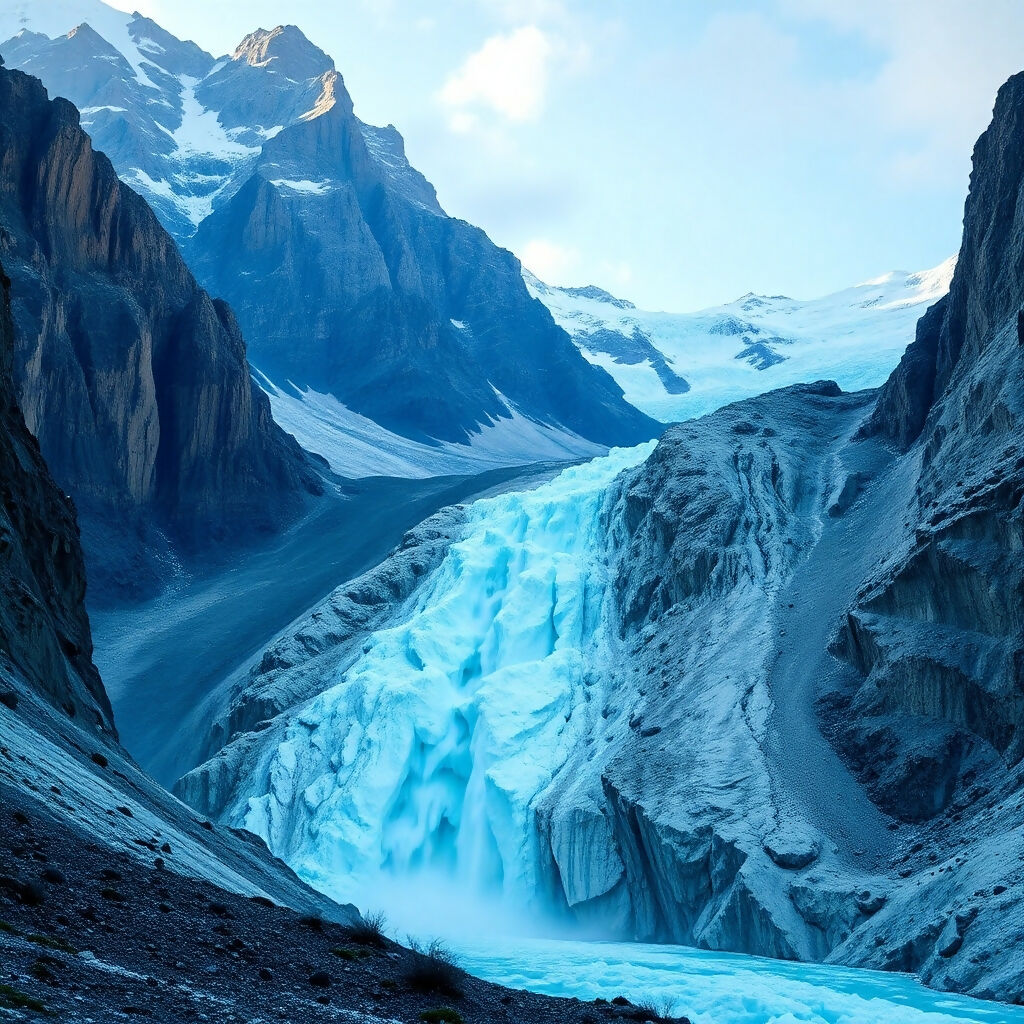 Glacial Waterfall Between Snow-Capped Mountain Peaks