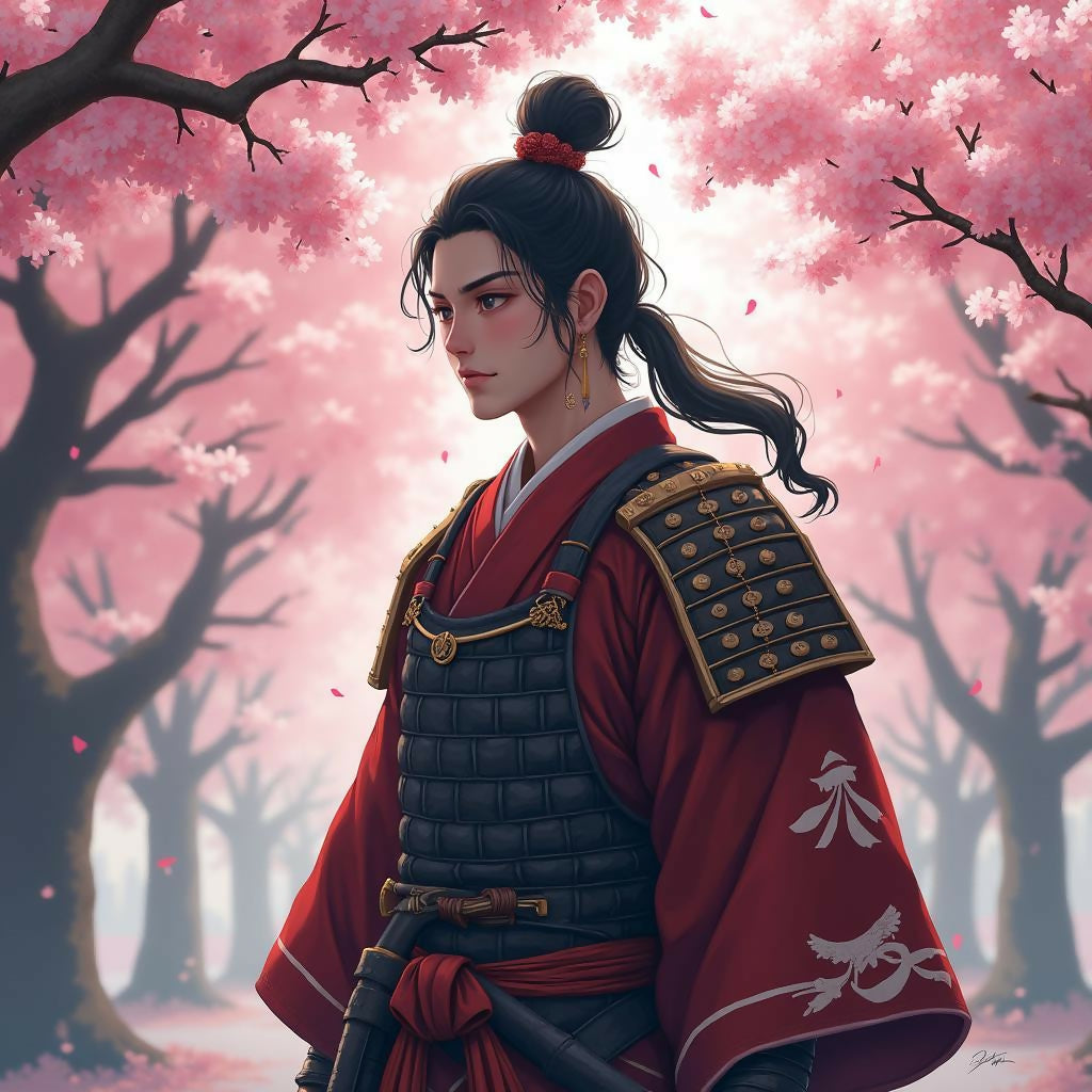 Heroic Samurai - Cherry Blossom Trees Digital Portrait