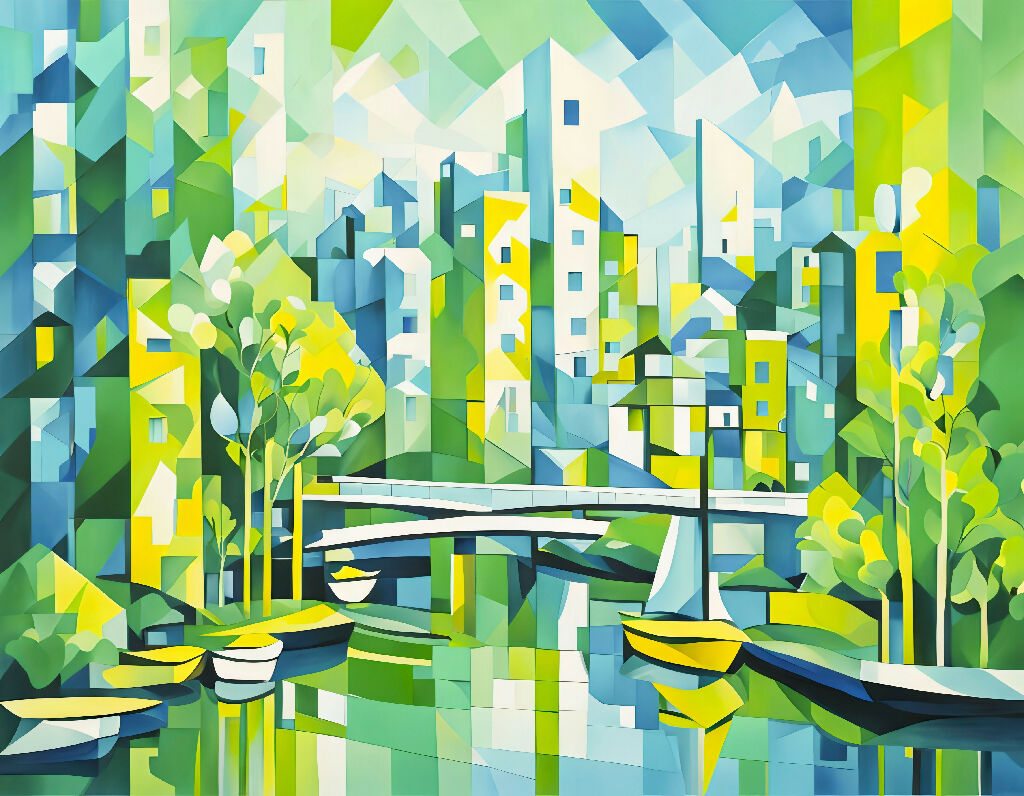 Cubist Green City with Bridge