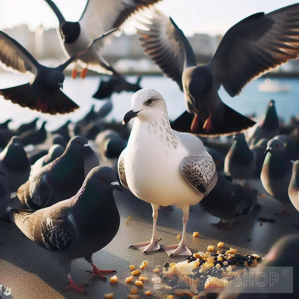 Young Seagull Sharing Food with Pigeon Friends