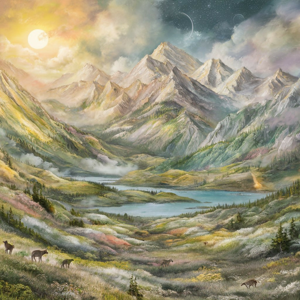 A captivating mountainscape painting evoking a sense of awe and wonder