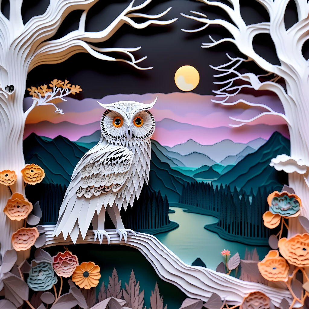 Majestic Owl in Moonlit Forest - Stunning Paper Art-Inspired Digita...