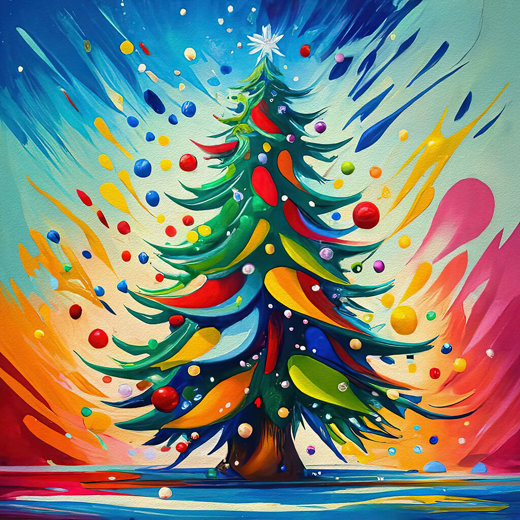 The image is a painting of a vibrant, multi-colored Christmas tree,...