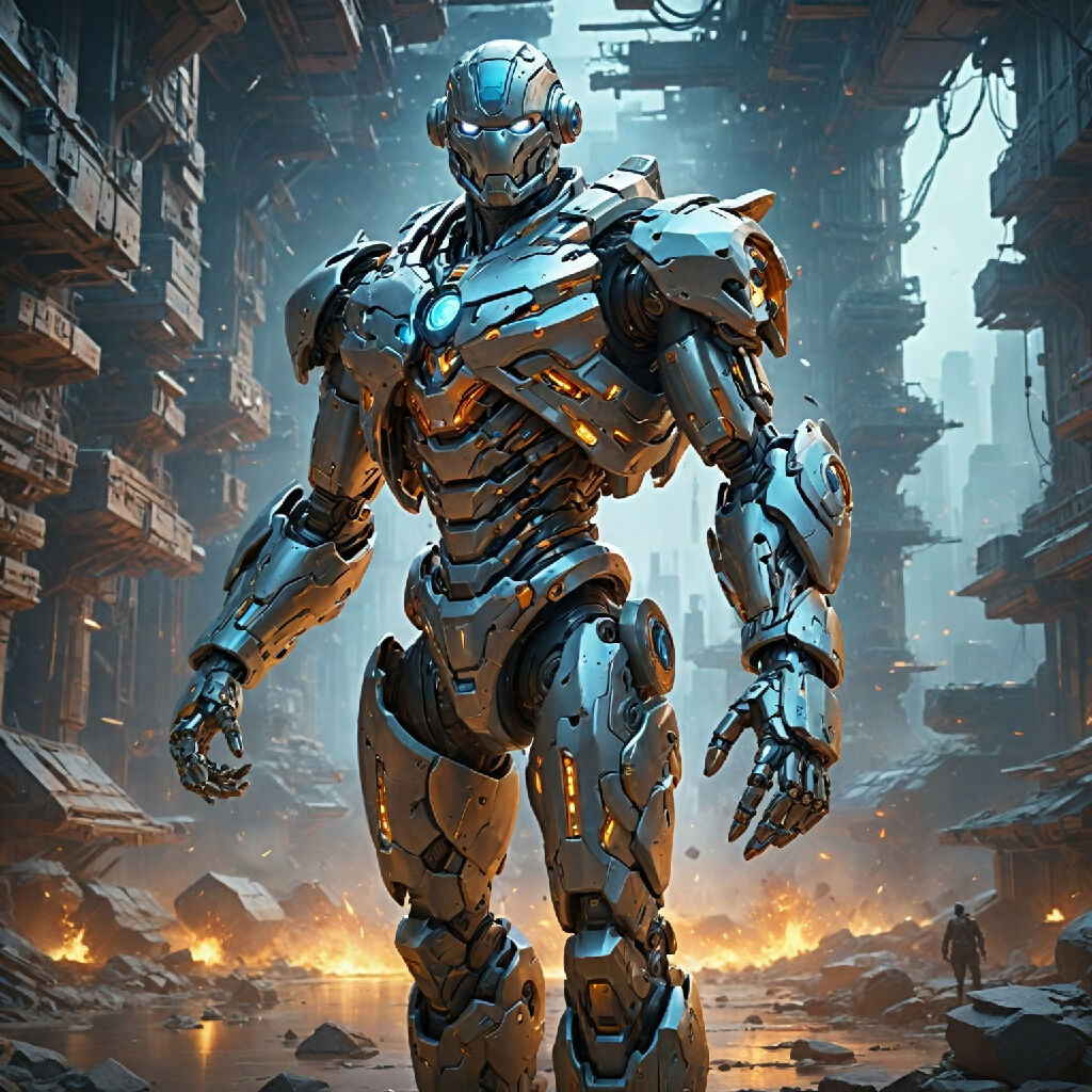“Titan of the Fallen City: Sci-Fi Concept Art with Glowing Robot”