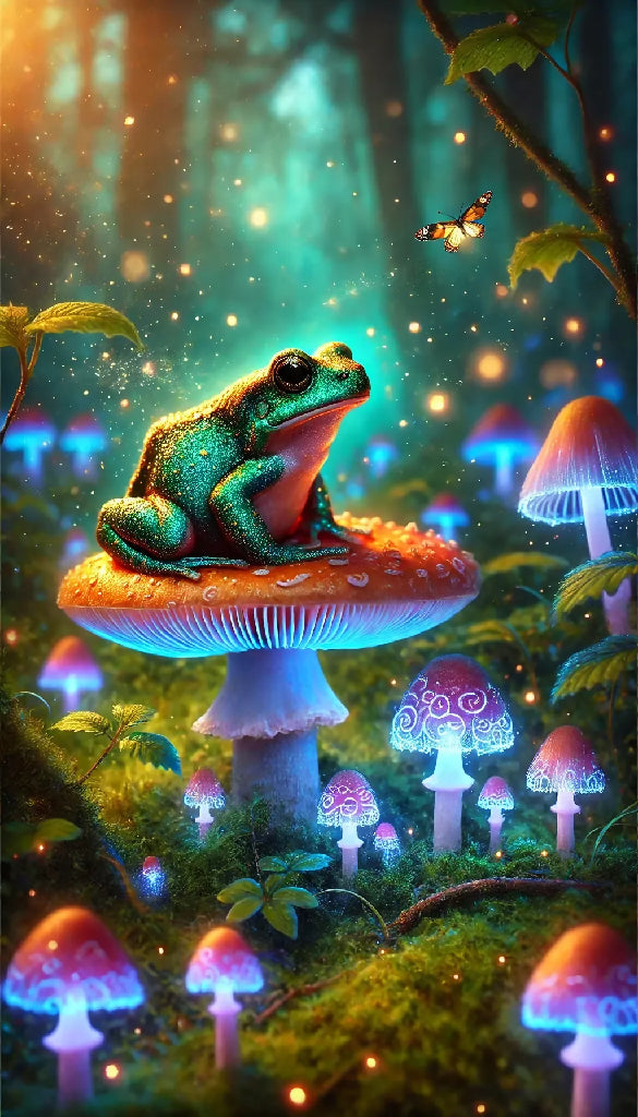 Magical Frog in Magical Forest sitting on Mushrooms