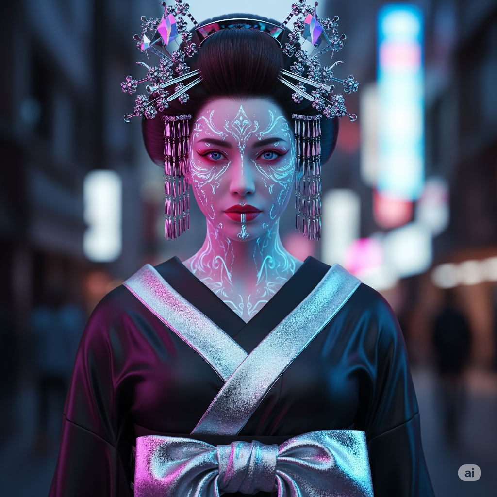 Elegant Cyberpunk Geisha Portrait | 8K Digital Art
