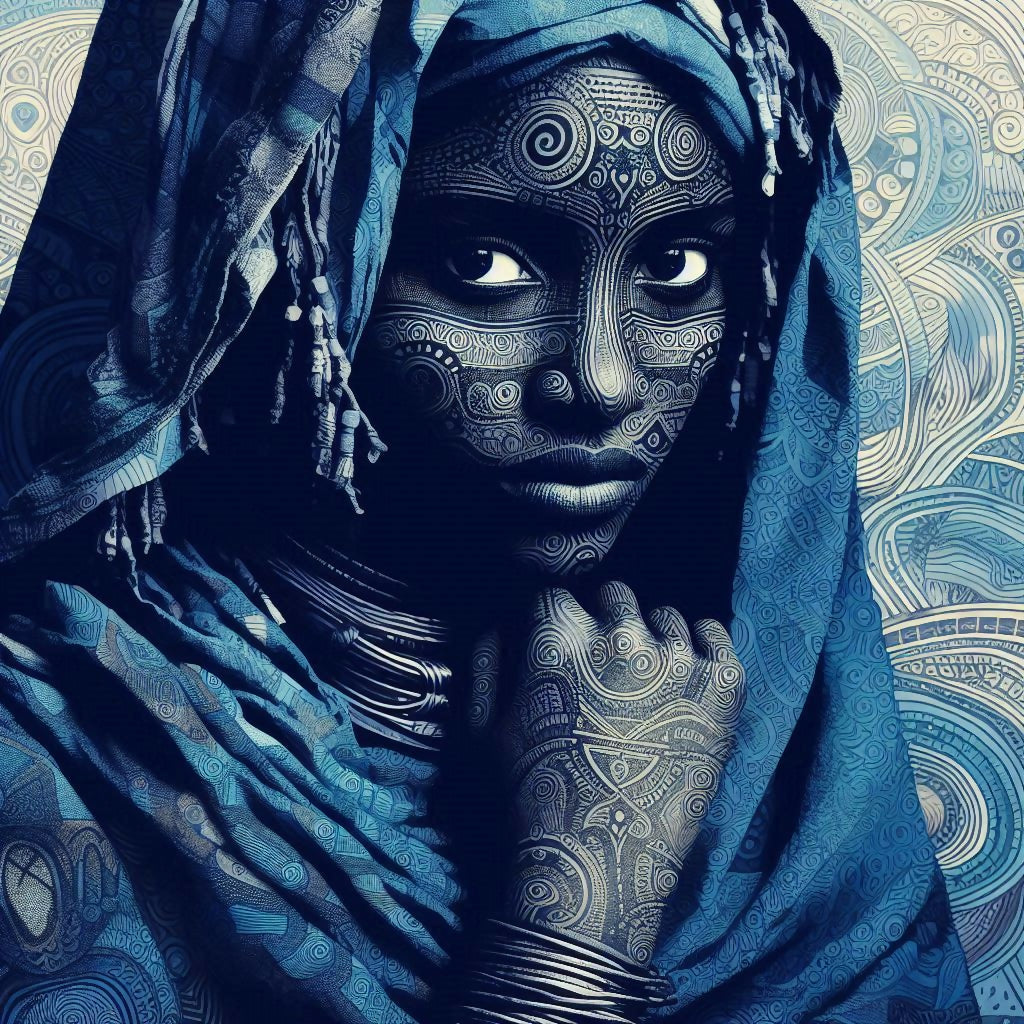 Berber Woman in Indigo with Tribal Tattoos – Contemporary African W...