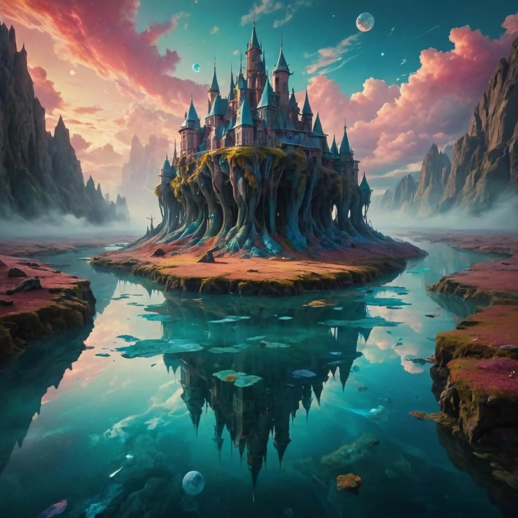 Majestic Castle on Floating Tree Roots with Mystical Sky and Celest...