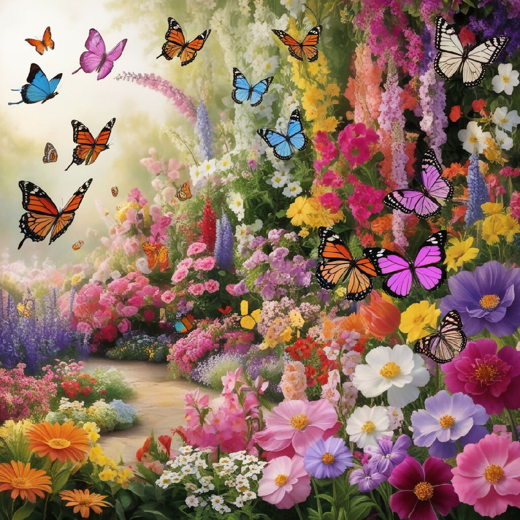 Butterfly Ballet: Enchanting Flower Garden Art - Vibrant Nature Scene