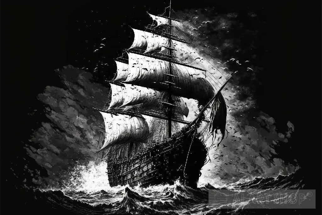 16th century Spanish galley tossing at sea in the storm, ink drawing