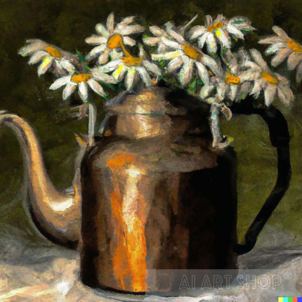 an oil painting of an old rustic coffee kettle