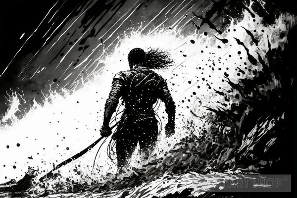 Ink drawing anger man sea waves