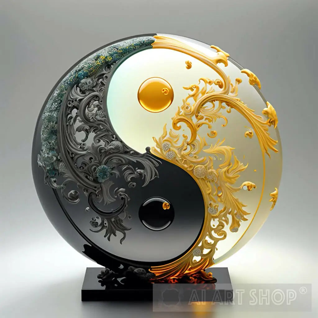 Beautiful glass yin yang sculpture, intricate glass yin yang, dark ...