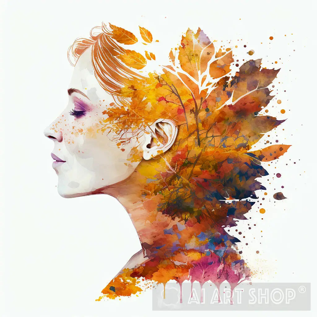 Double exposure illustration of golden leaves and a female head, ge...