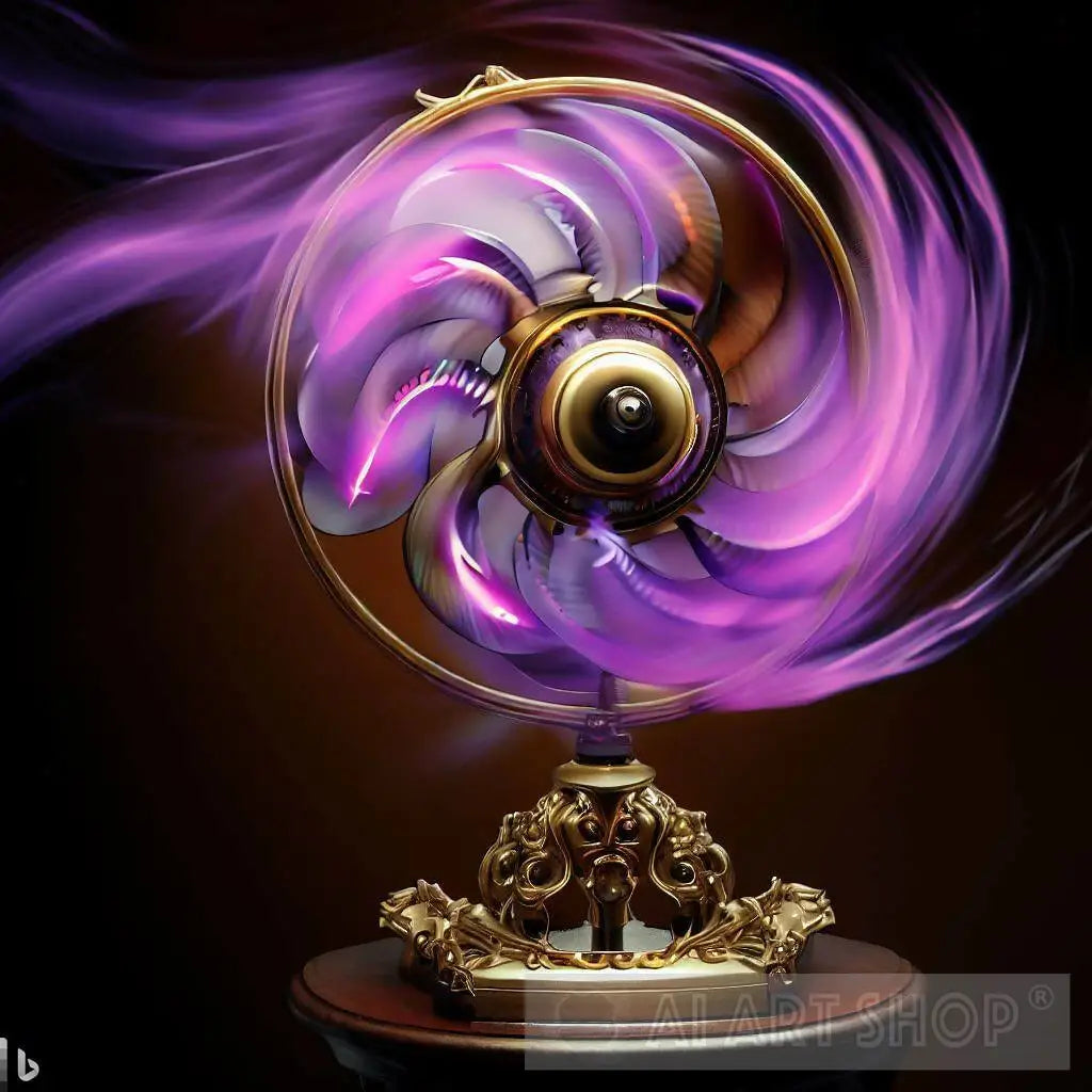 spinning desk fan, purple fire, Baroque