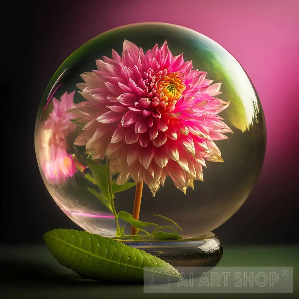 A pink flower inside a glass globe, created by generative ai