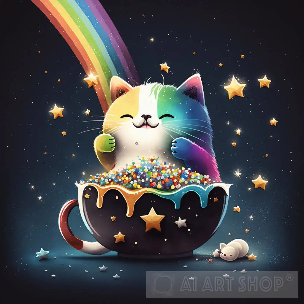 Rainbow cat happy fluffy funny small little smile sparkle magic