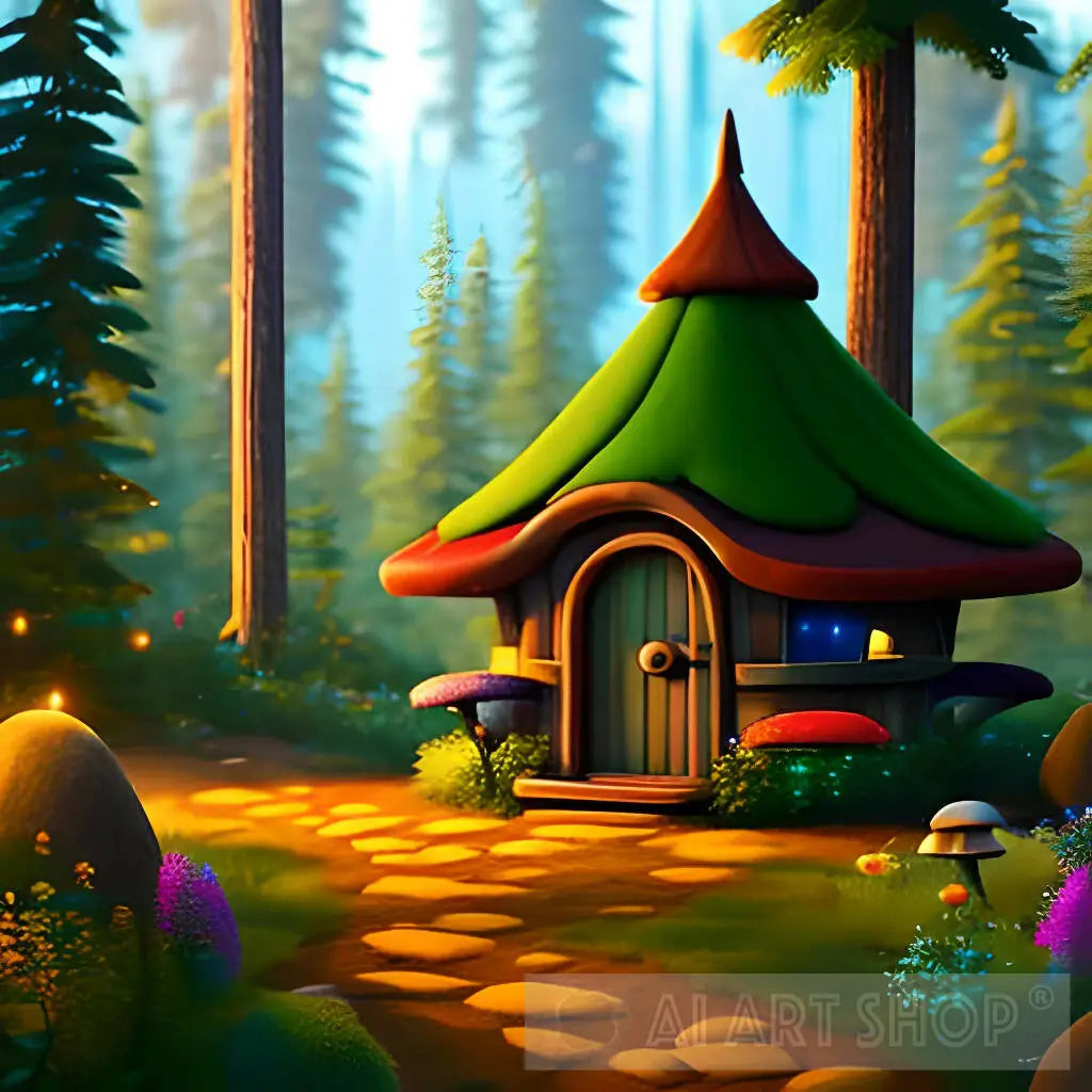 hut, lights, painting, a.i., dream, forest, green, landscape, art,