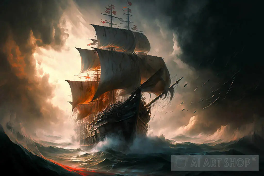 16th century Spanish galley tossing at sea in the storm
