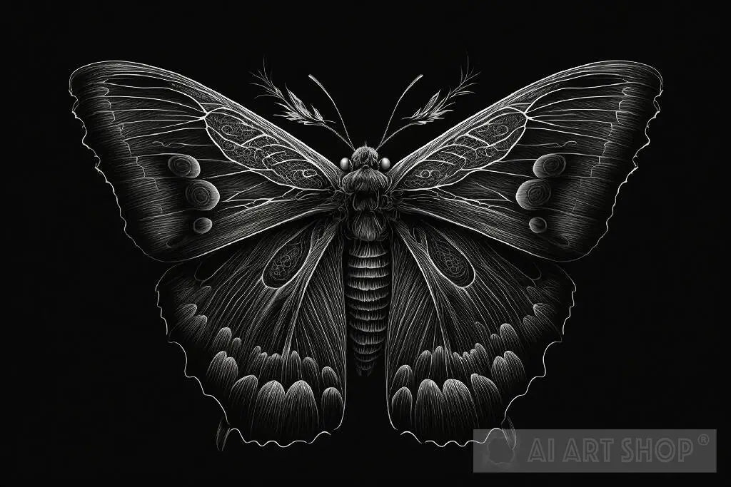 Moth sketch on black, created by generative Ai