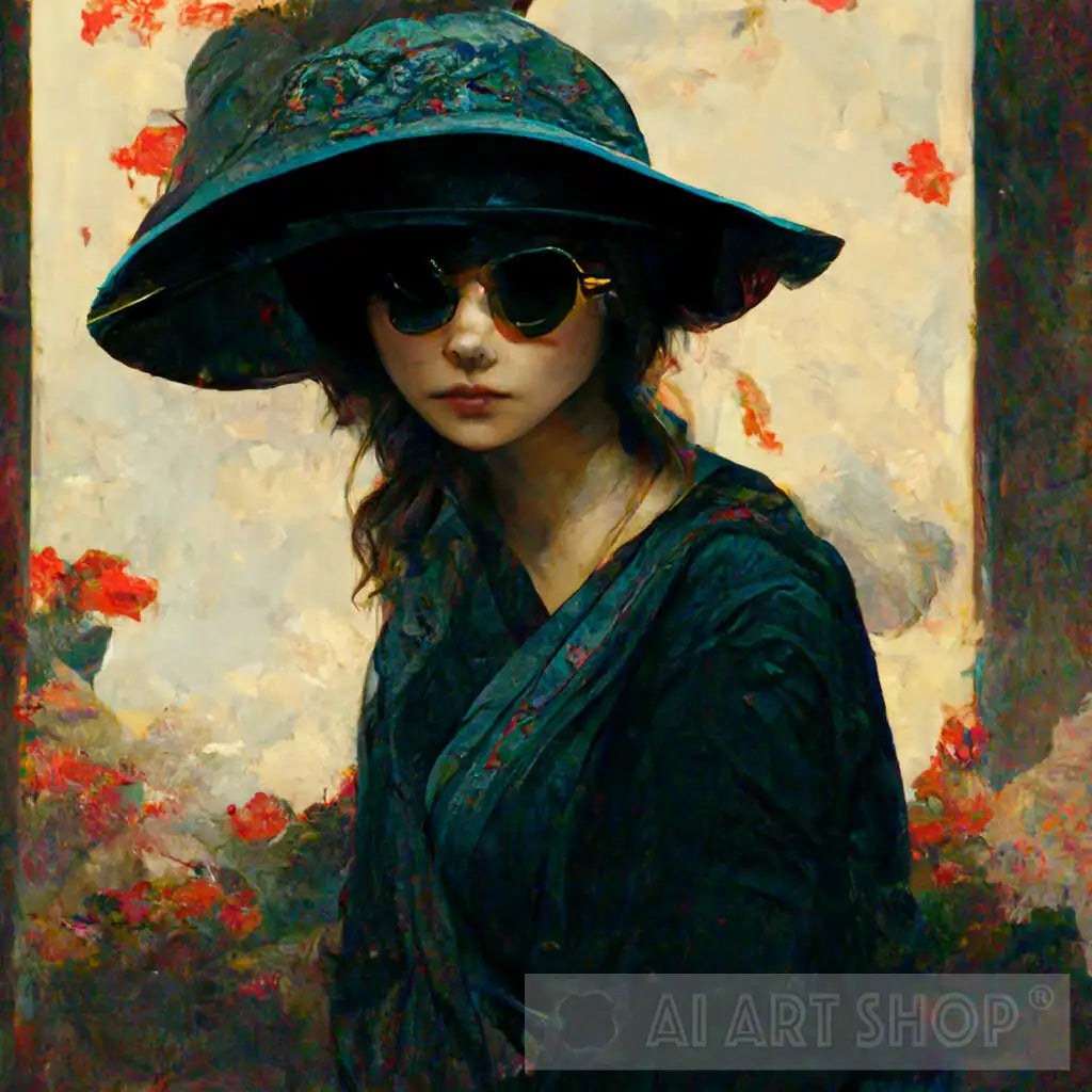 Vintage Painting Of A Woman In A Hat And Sunglasses Generative Ai