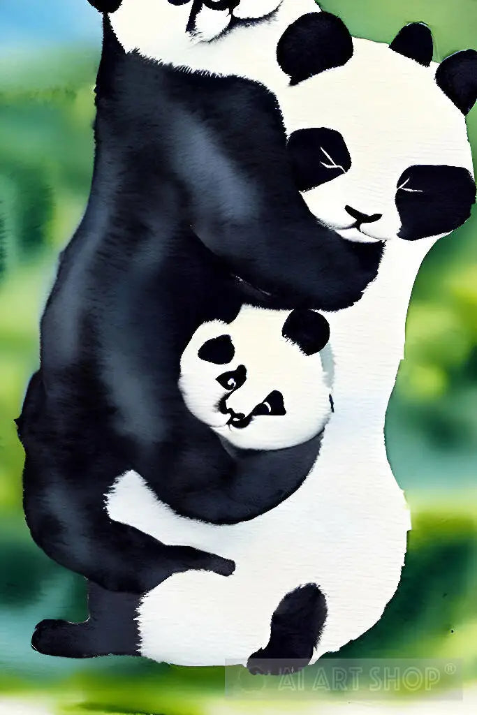 panda baby family mum mom dad mother father child hug embrace anima...