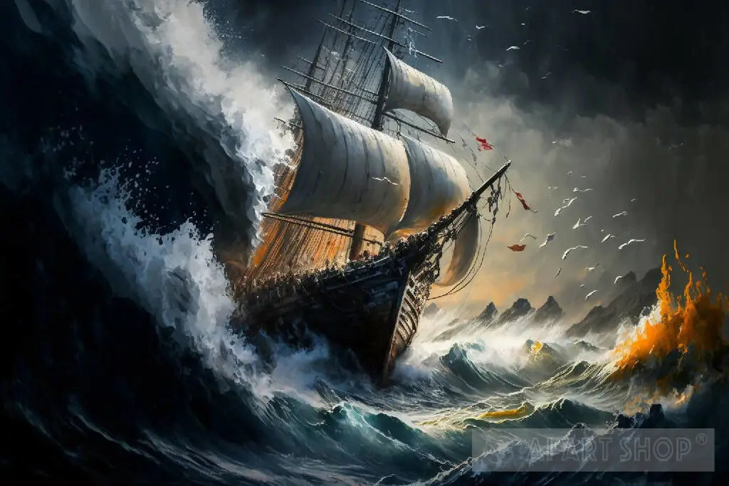 16th century Spanish galley tossing at sea in the storm between reefs