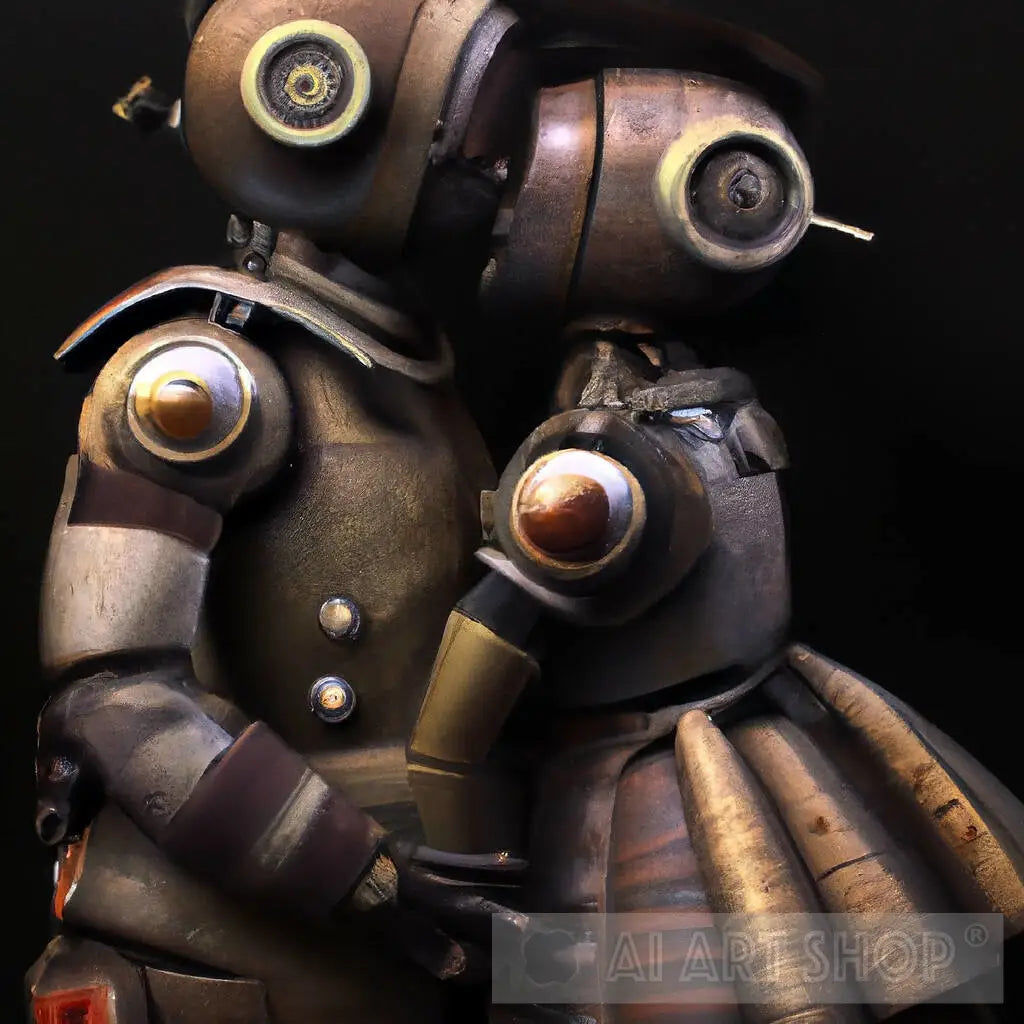 Robots in love hugging and kissing