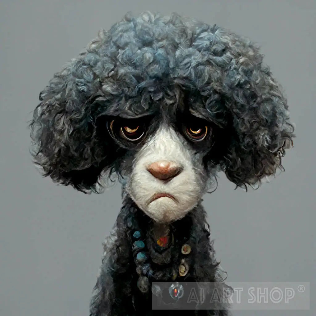 Artistic illustration of a sad looking poodle dog