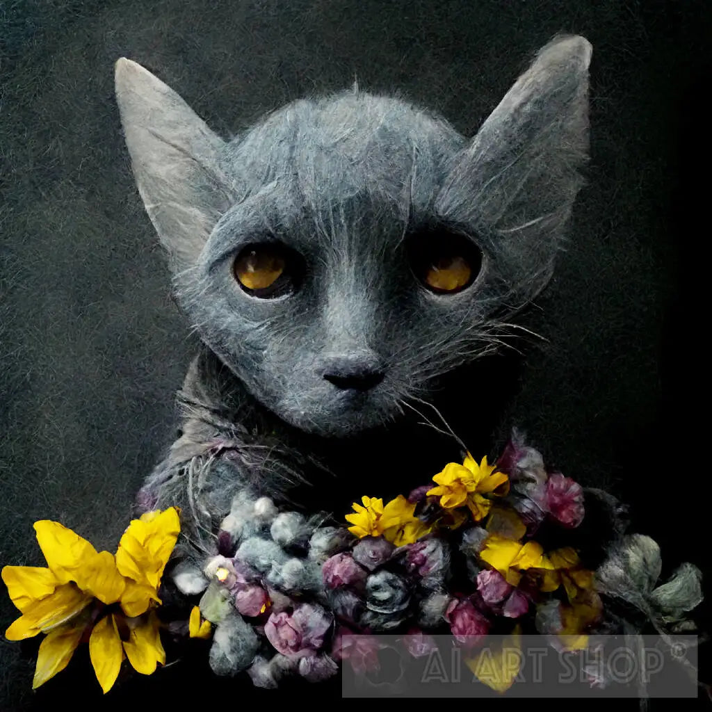 Artistic illustration of ai generated big ears grey kitten with flo...